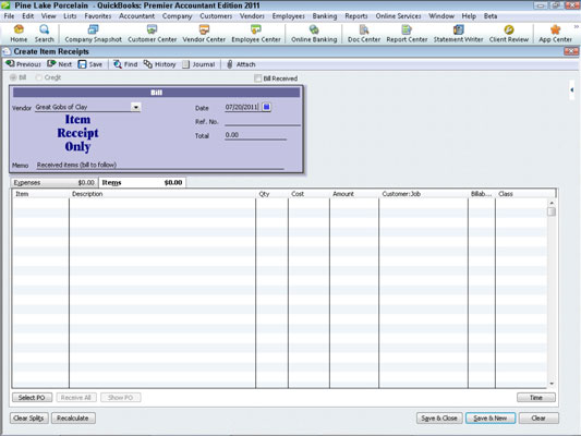 Recording the Receipt of Items with QuickBooks 2011 - dummies